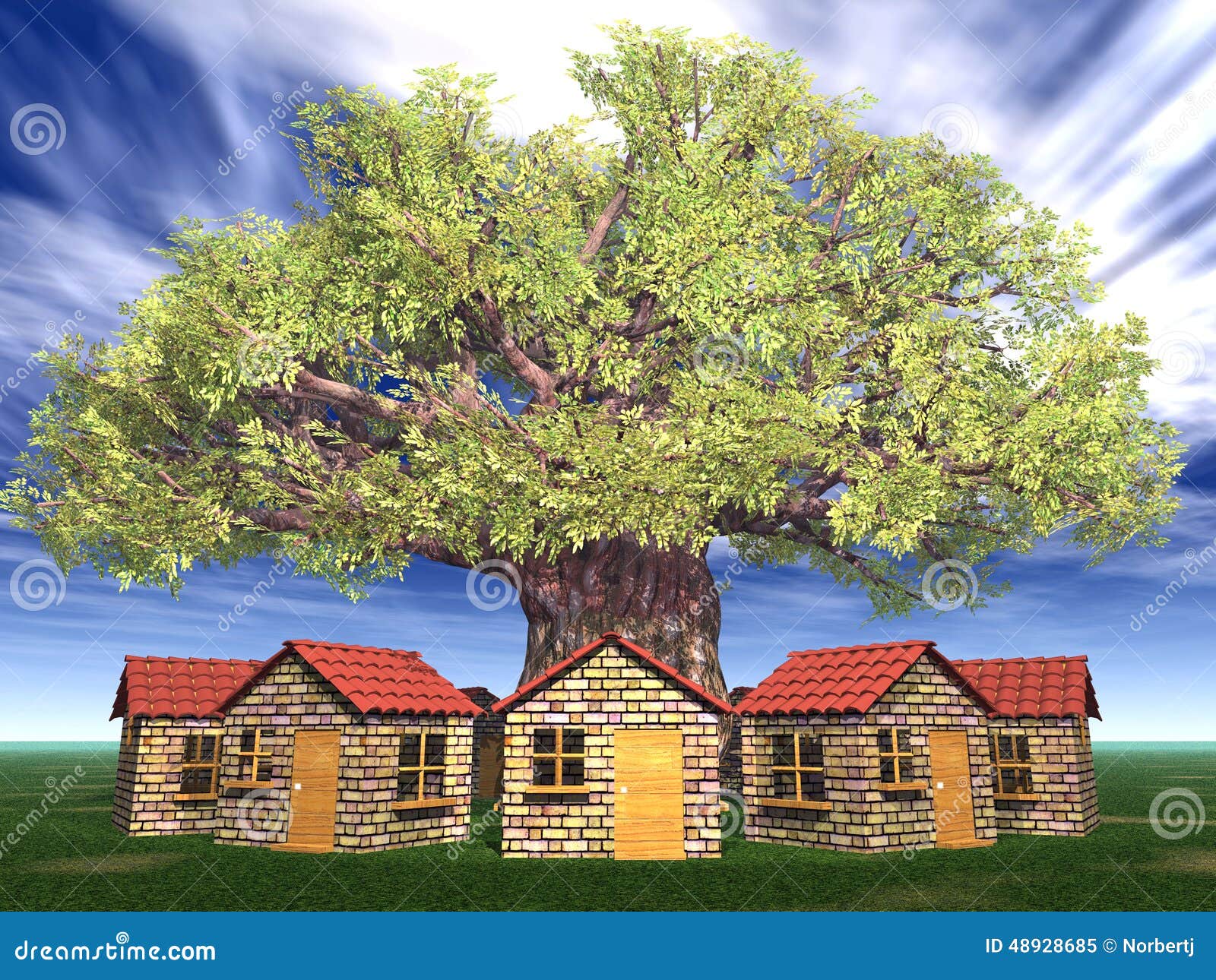 Houses under the big tree stock illustration. Illustration of business ...