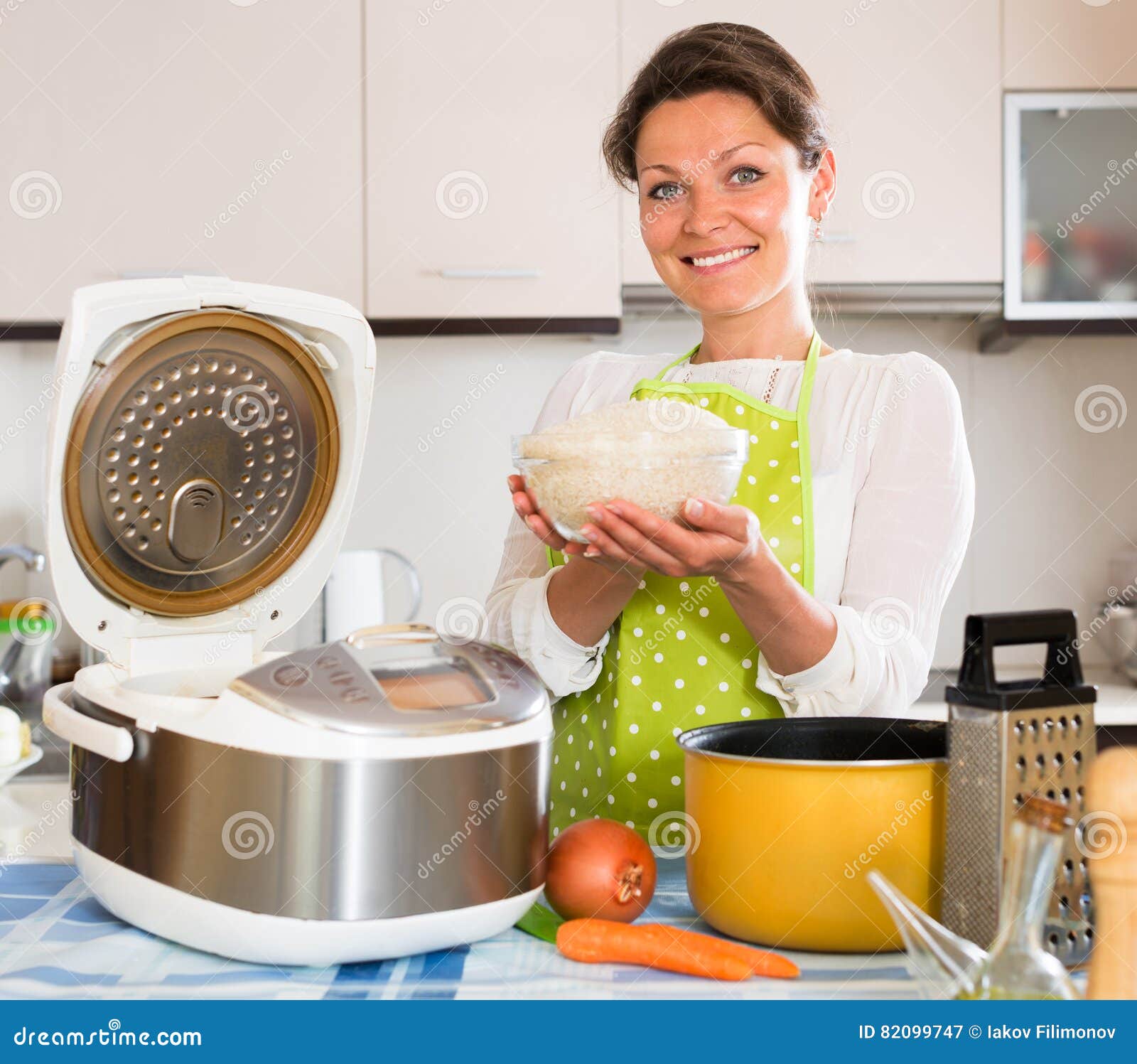 Housewife Cooking Rice with Multicooker Stock Image - Image of ...