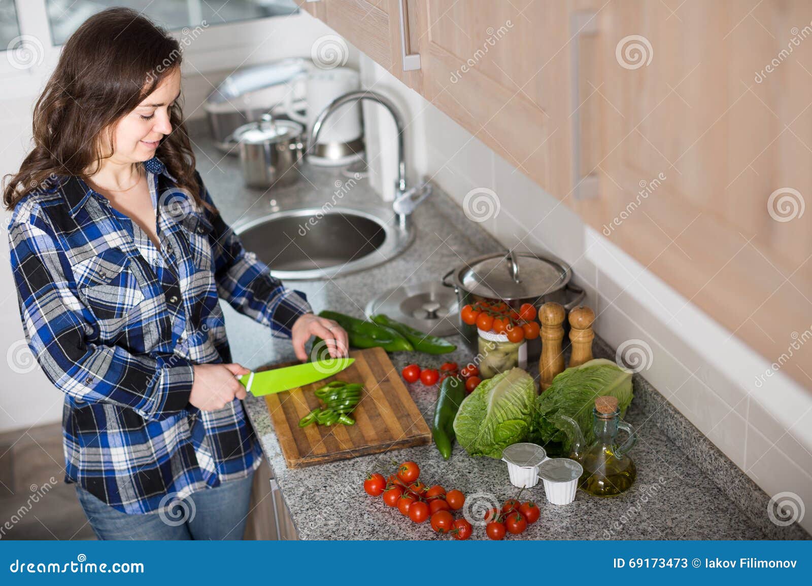 Housewife Cooking Vegetables at Domestic Kitchen Stock Image - Image of ...