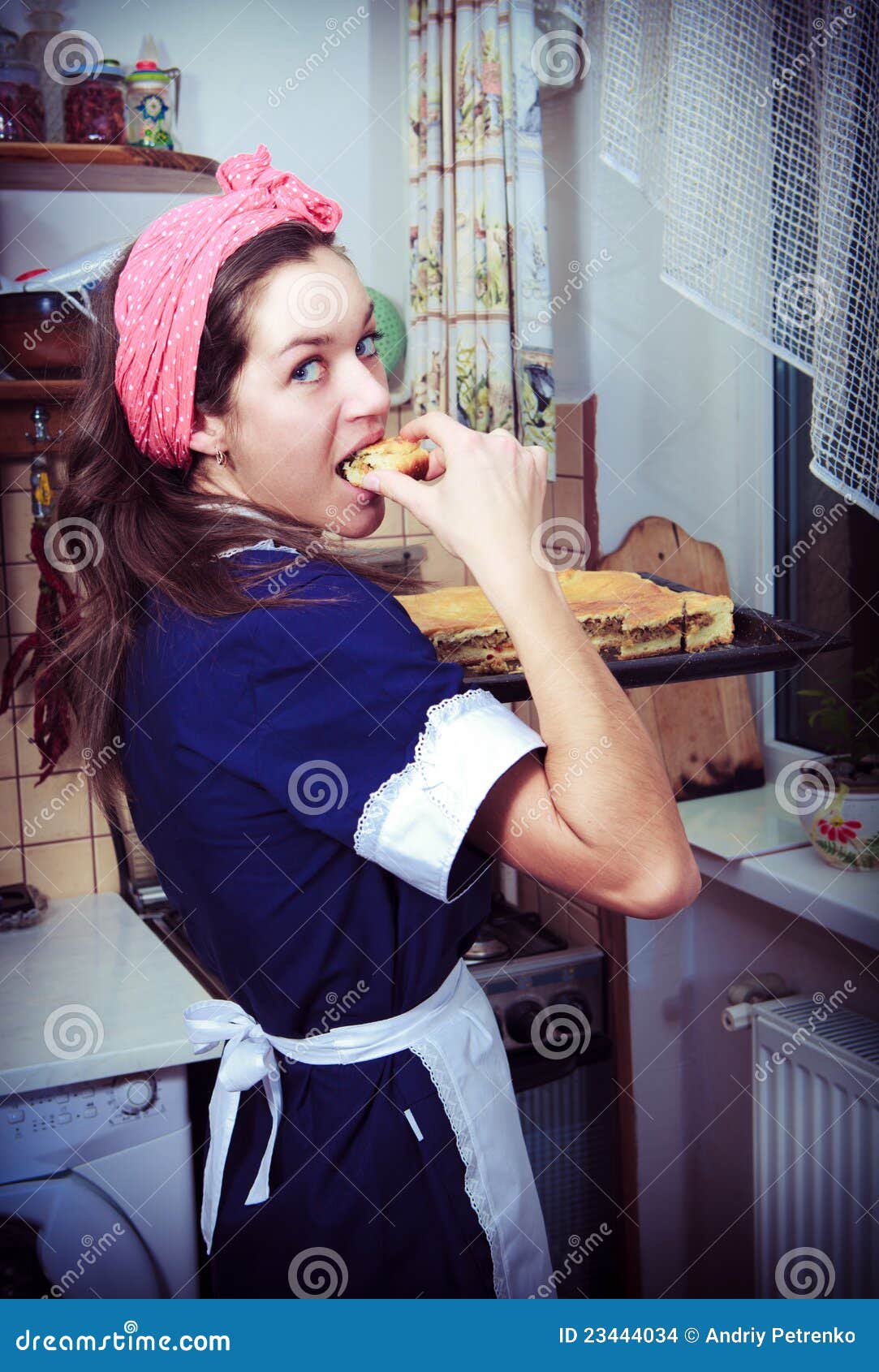 Housewife with Pie in Kitchen Stock Photo - Image of housewife ...