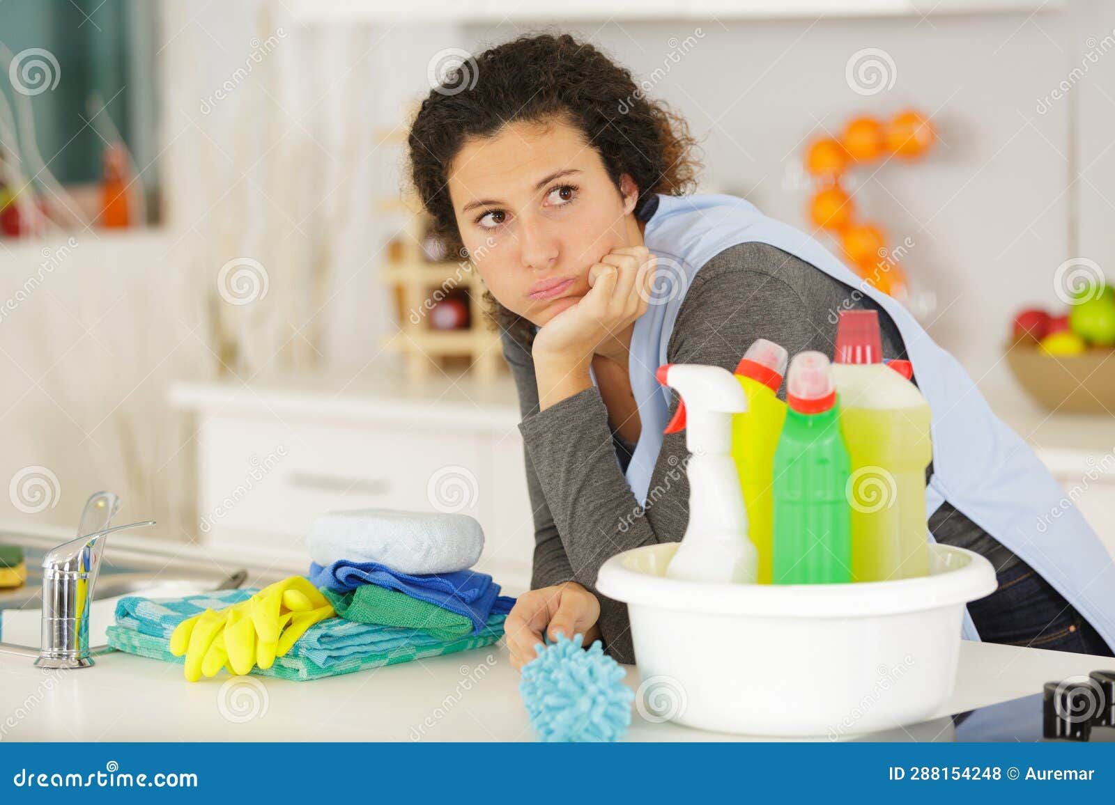 Housewife tired cleaning stock photo. Image of rollers - 288154248