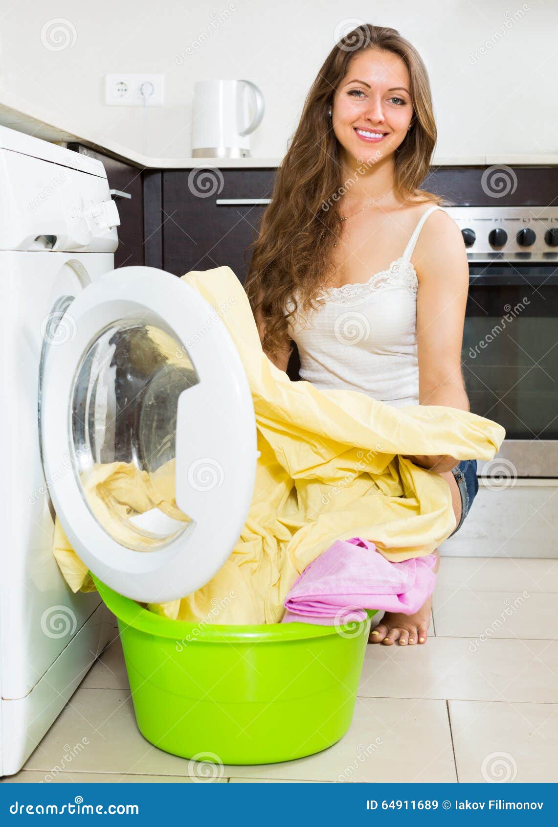 Housewife Using Washing Machine Stock Image - Image of people, interior ...