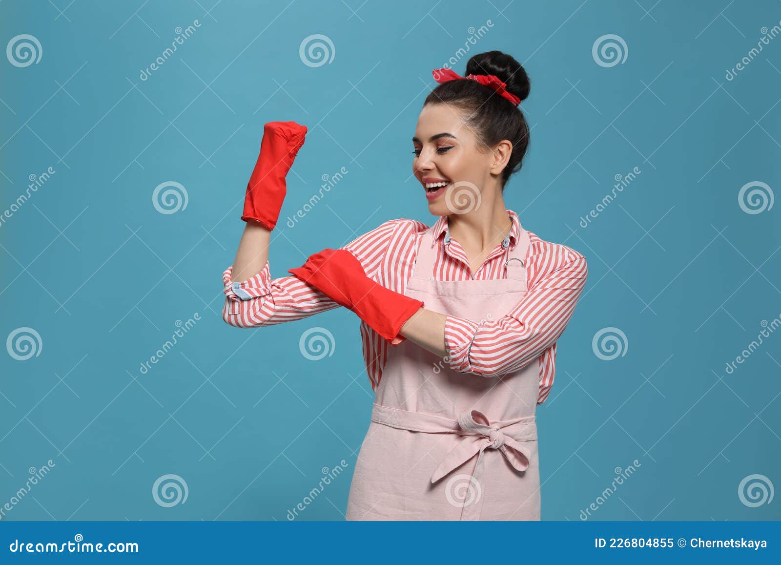 Housewife Wearing Rubber Gloves On Blue Background Stock Image Image