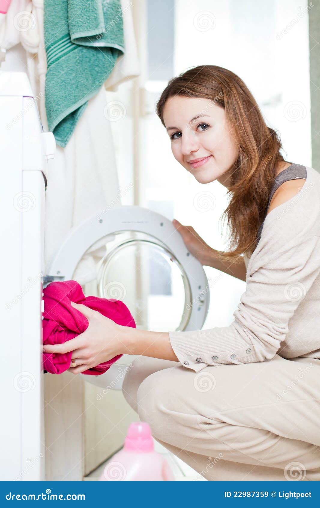 Housework: Young Woman Doing Laundry Stock Image - Image of home ...