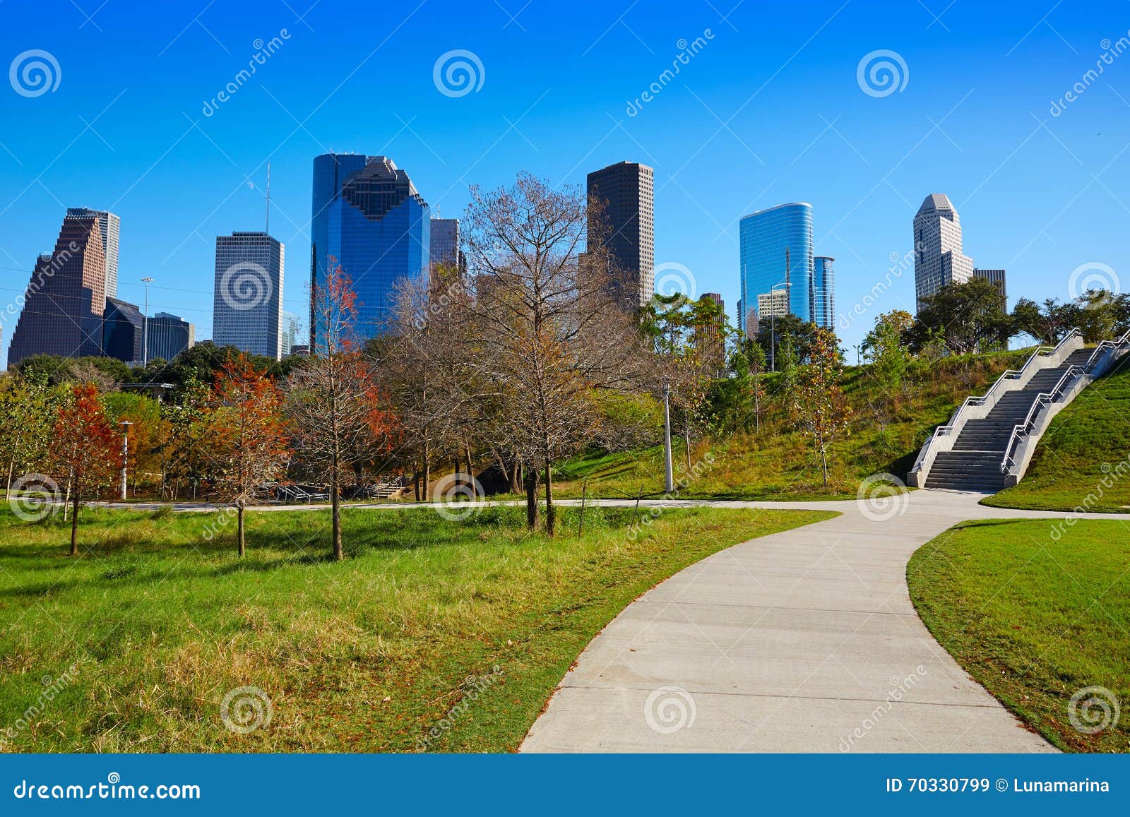Houston Skyline in Sunny Day from Park Grass Stock Image - Image of ...