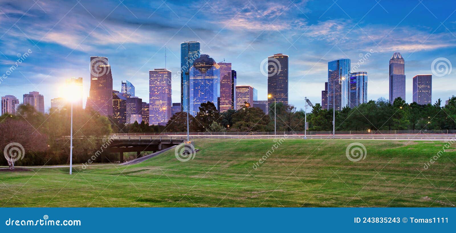 Houston Texas Modern Skyline at Sunset Twilight from Park Lawn Stock ...
