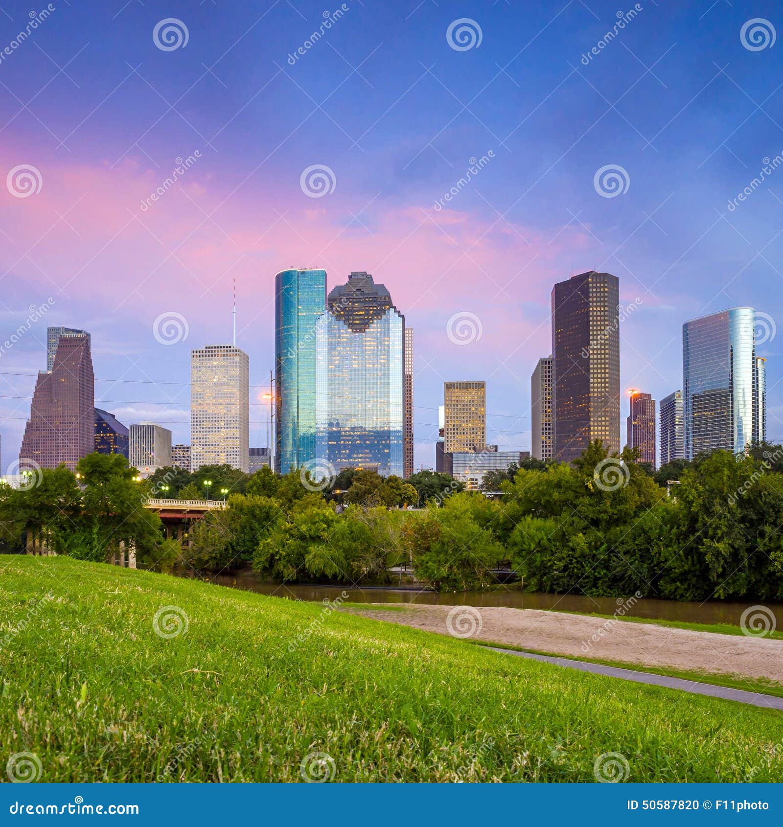 Houston Texas Skyline at Sunset Twilight from Park Lawn Stock Photo ...
