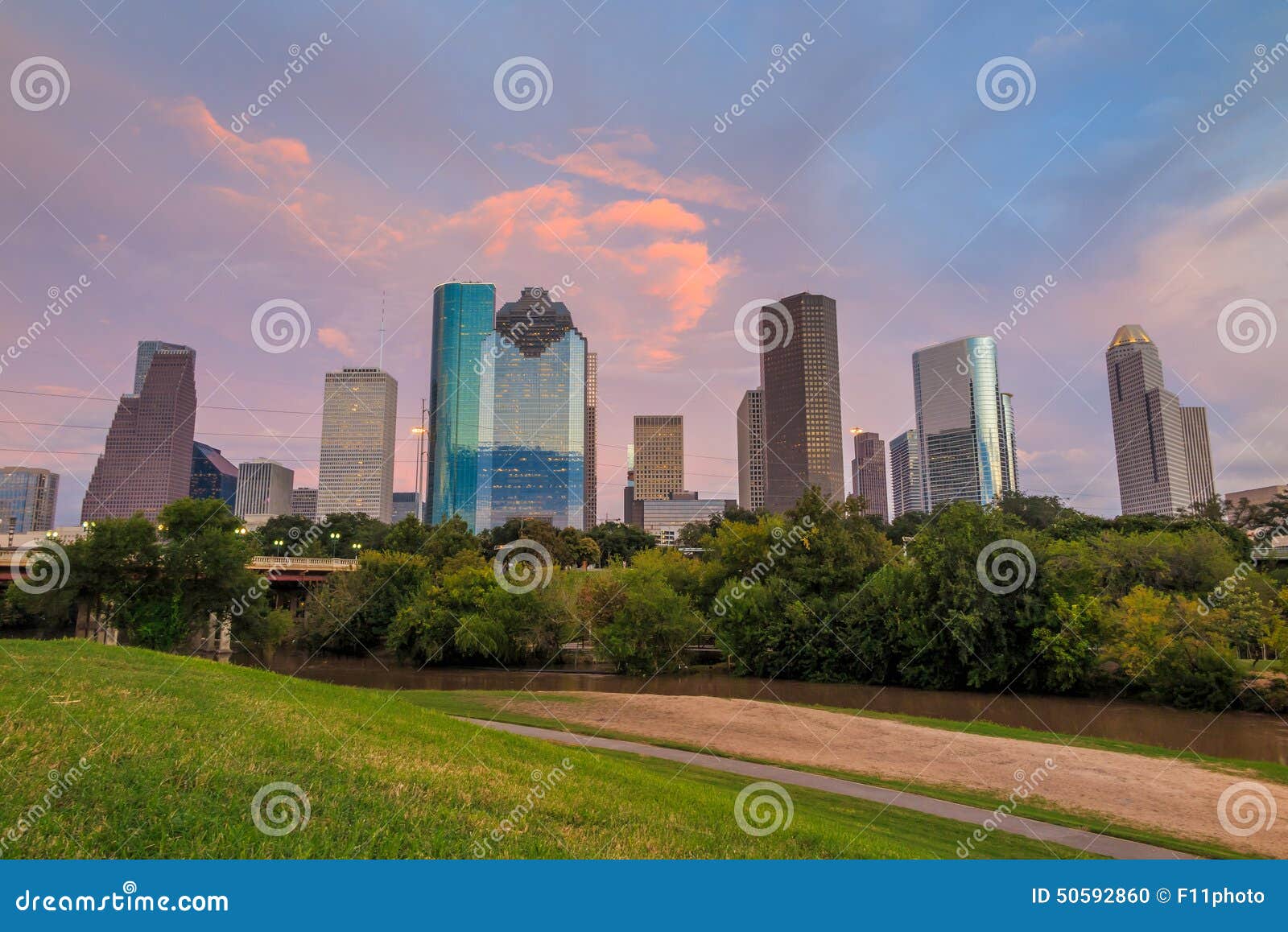 Houston Texas Skyline at Sunset Twilight from Park Lawn Stock Photo ...