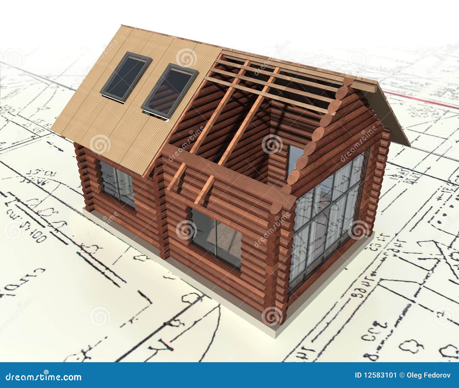 Houten Logboekhuis Op Het Algemene Plan. Stock Illustratie ...