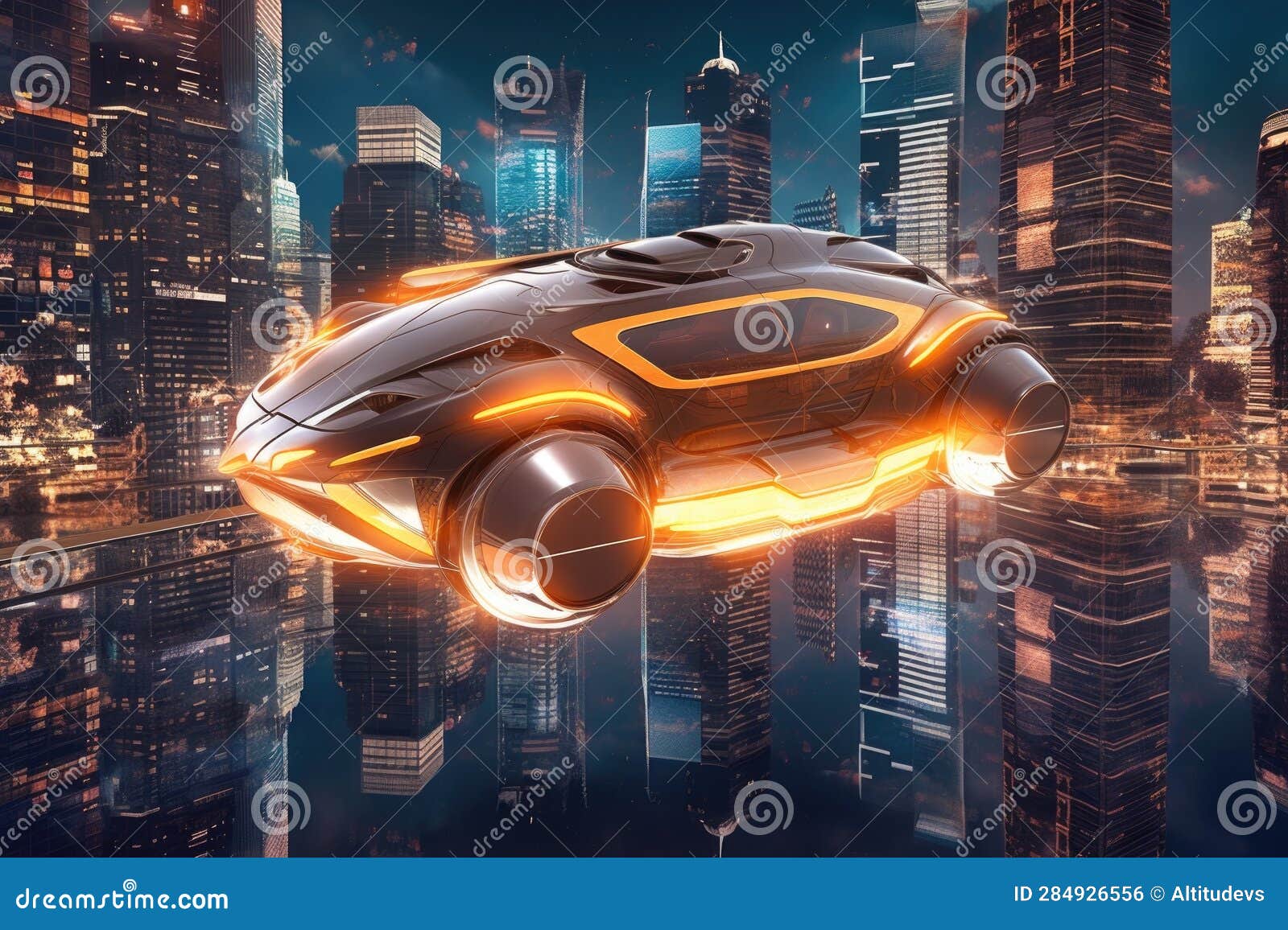 Hover Car Concept Floating Above a Cityscape with Illuminated ...