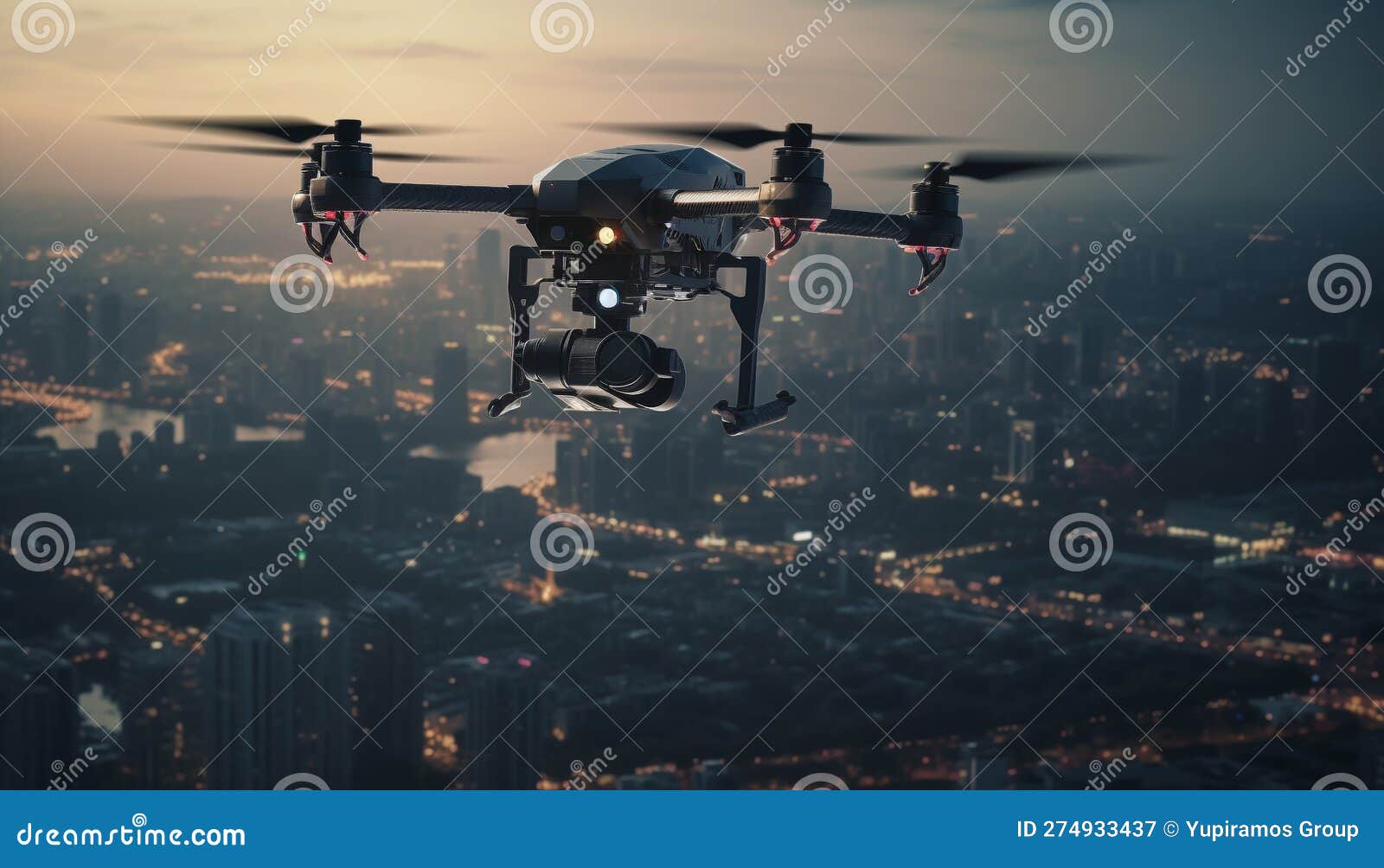 Hovering Drone Captures City Skyline at Sunset Generated by AI Stock ...