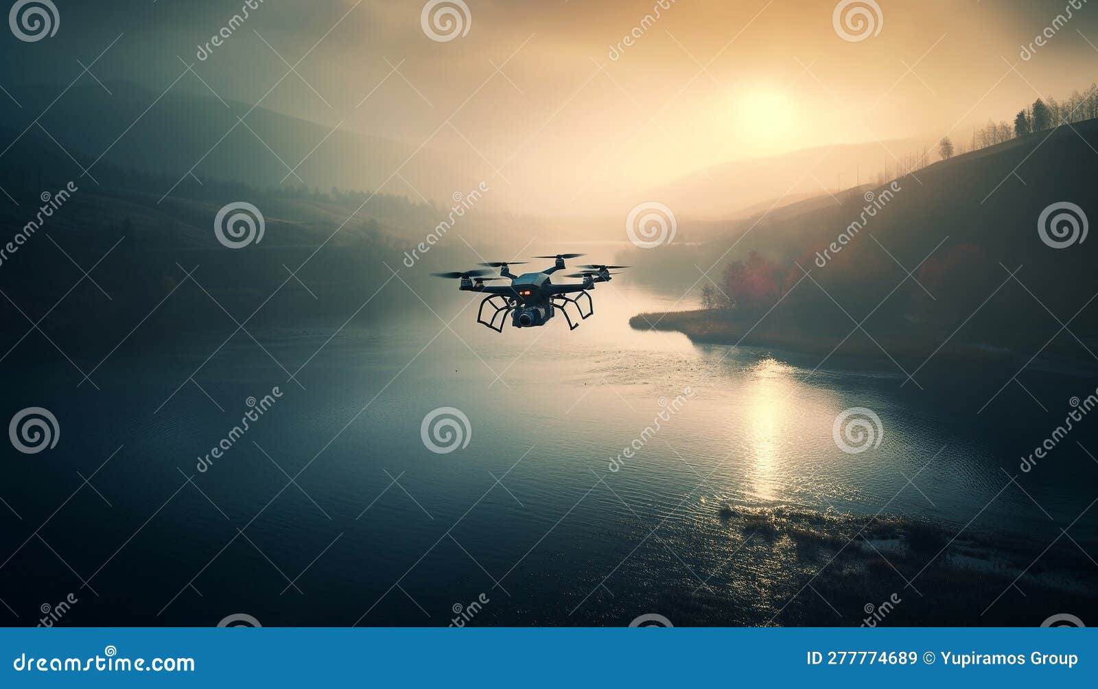 Hovering Drone Captures Stunning Sunset Over Mountain Forest Generated ...