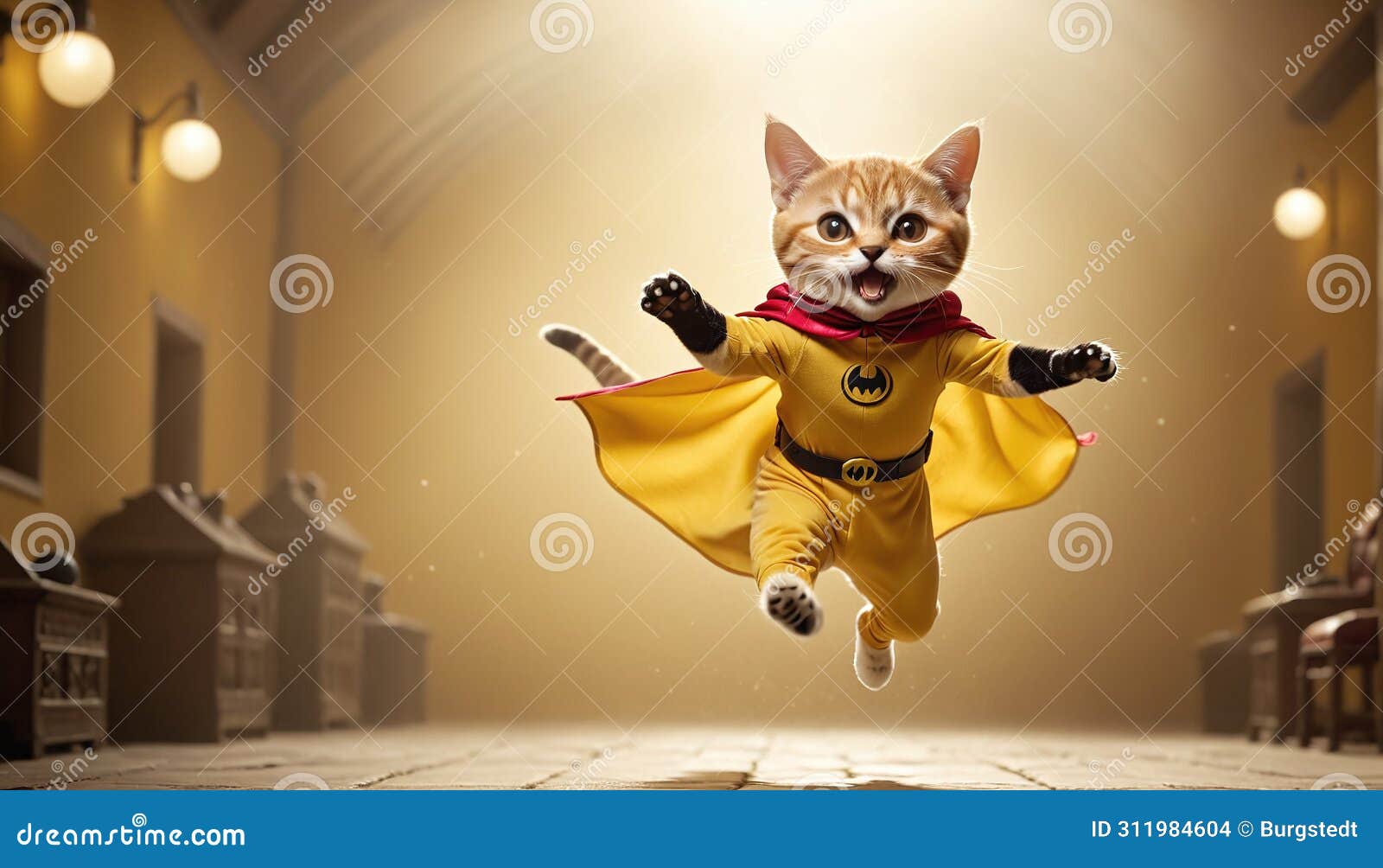 Hovering and Flying Cute Kitten with Special Superpowers in Superhero ...