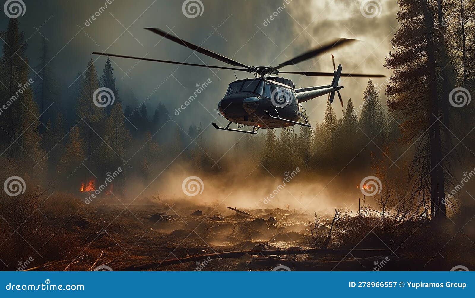Hovering Helicopter Extinguishing Forest Fire with Propeller Blade and ...