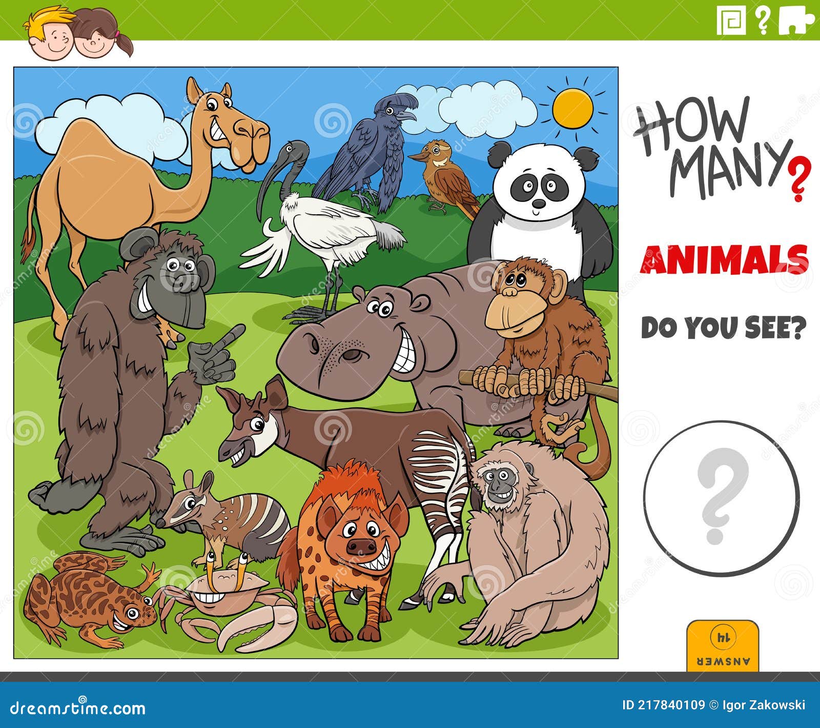 How Many Cartoon Animals Educational Task for Children Stock Vector ...