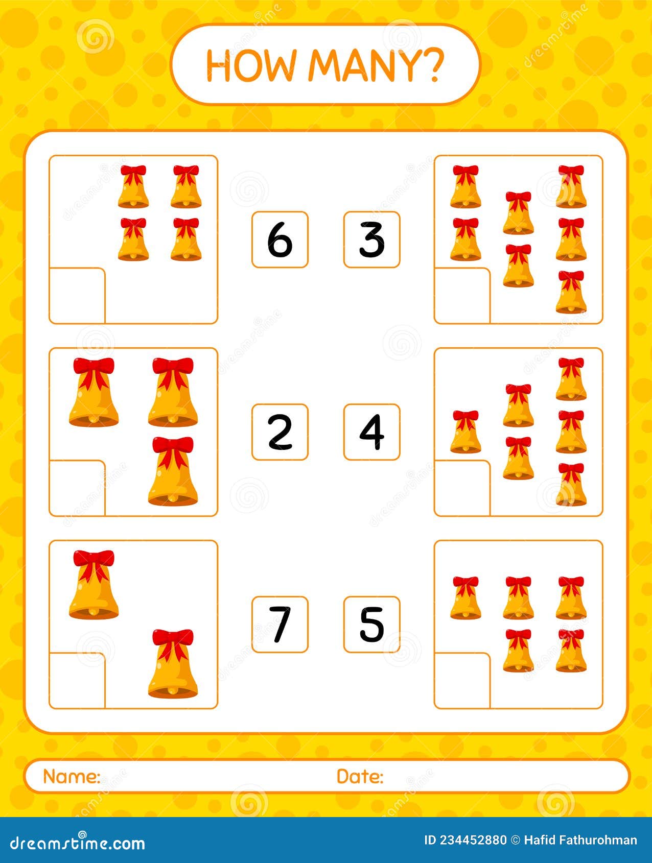 How Many Counting Game with Bell. Worksheet for Preschool Kids, Kids ...