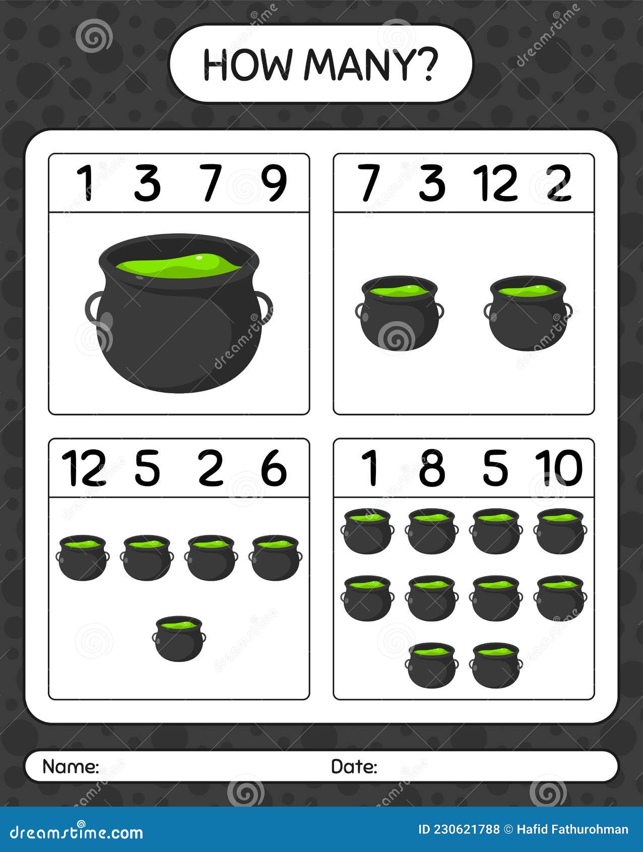 How Many Counting Game with Cauldron. Worksheet for Preschool Kids ...