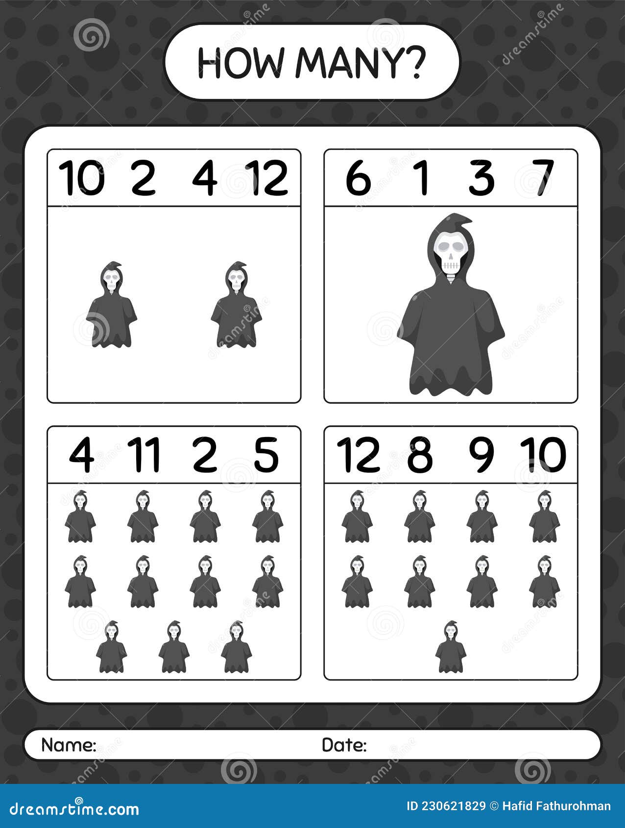 How Many Counting Game with Grim Reaper. Worksheet for Preschool Kids ...