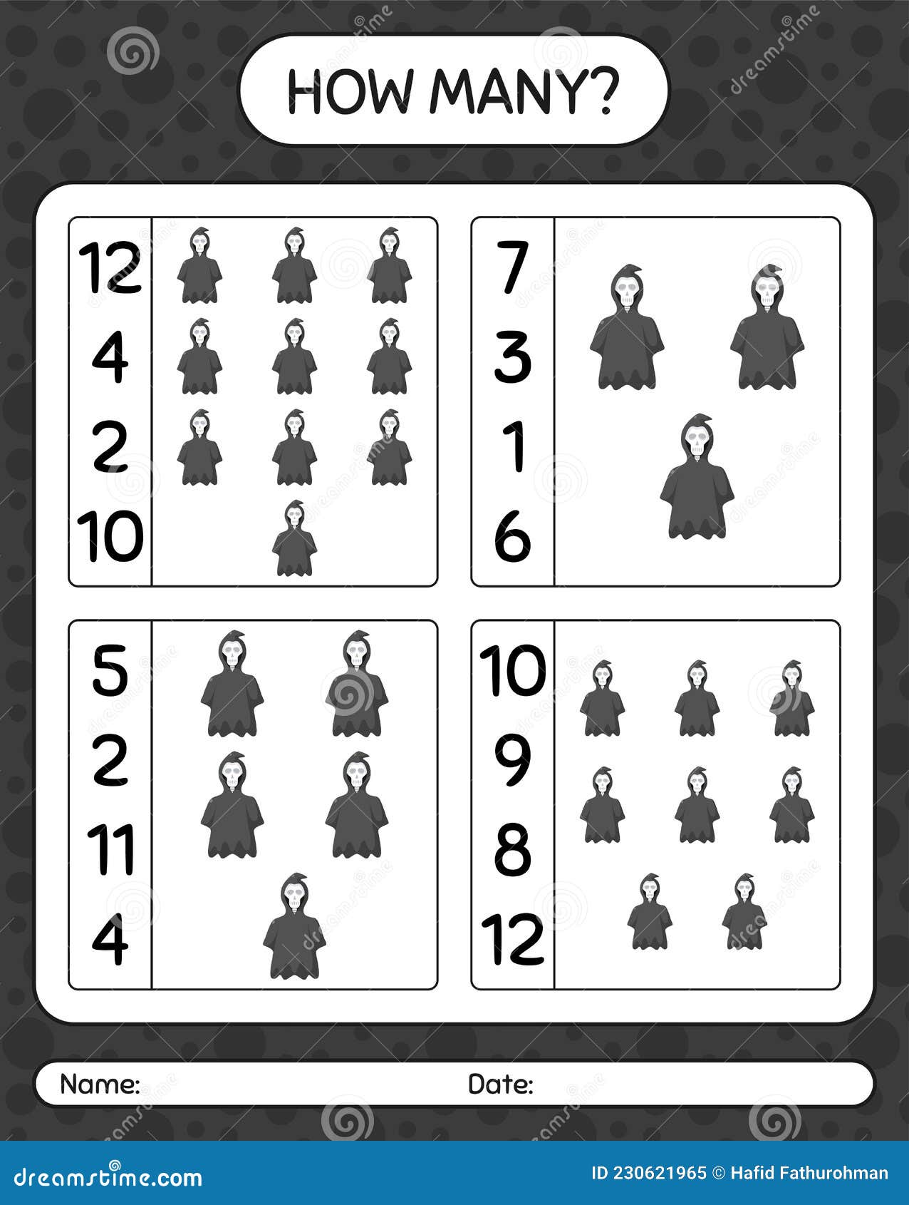How Many Counting Game with Grim Reaper. Worksheet for Preschool Kids ...