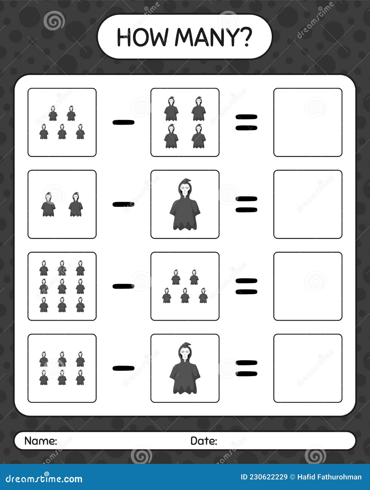 How Many Counting Game with Grim Reaper. Worksheet for Preschool Kids ...