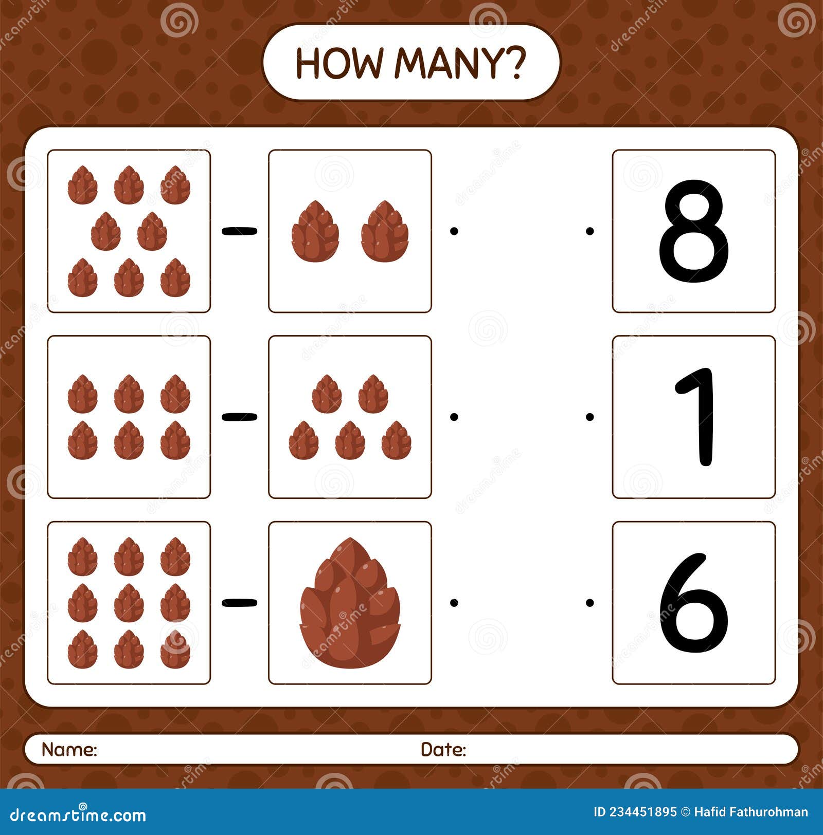 How Many Counting Game with Pine Cone. Worksheet for Preschool Kids ...