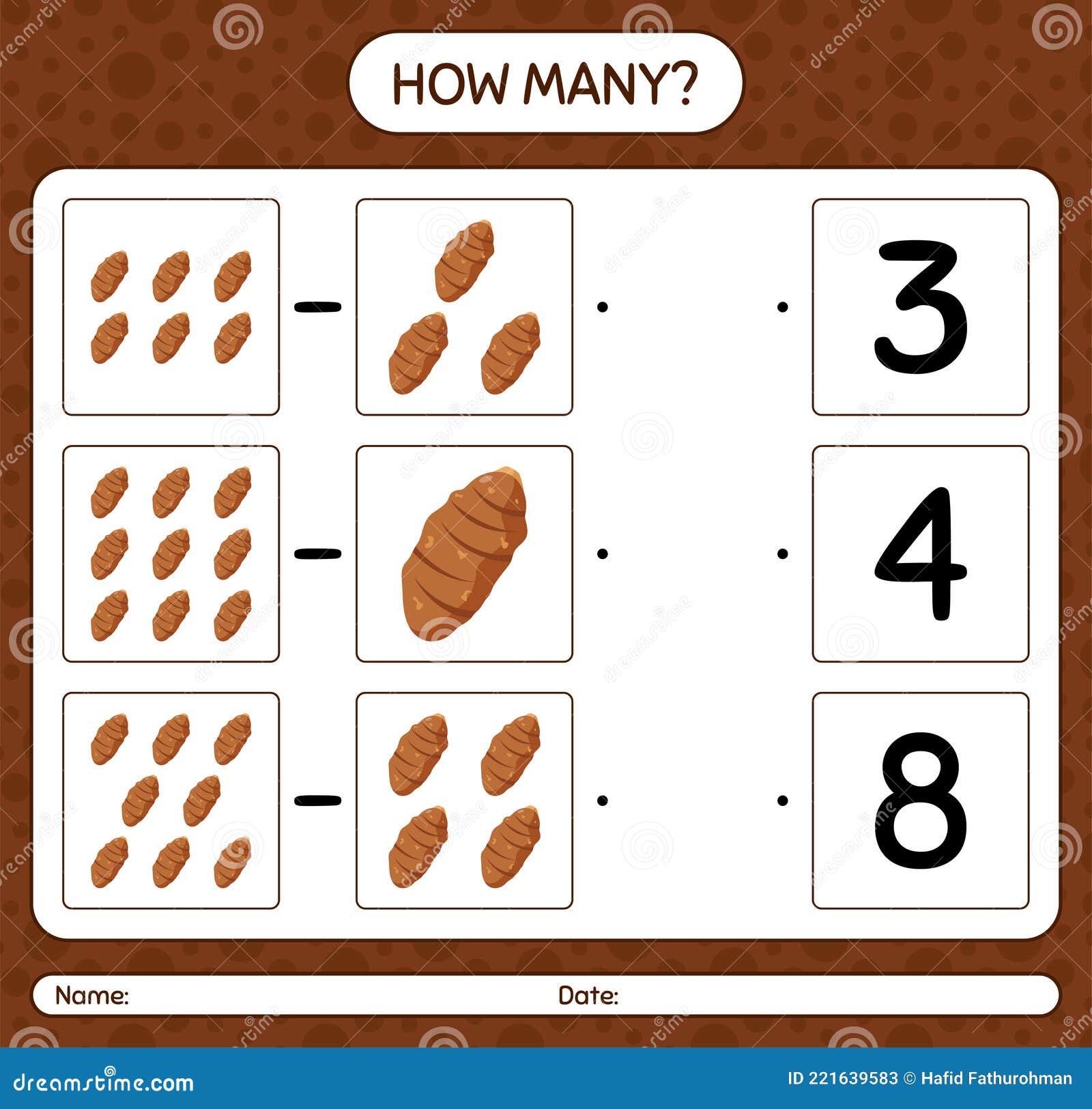 How Many Counting Game With Taro Root. Worksheet For Preschool Kids ...