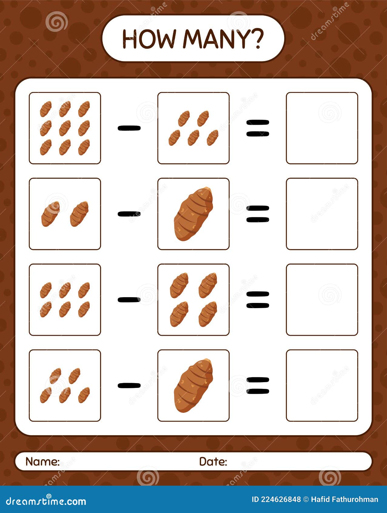 How Many Counting Game with Taro Root. Worksheet for Preschool Kids ...