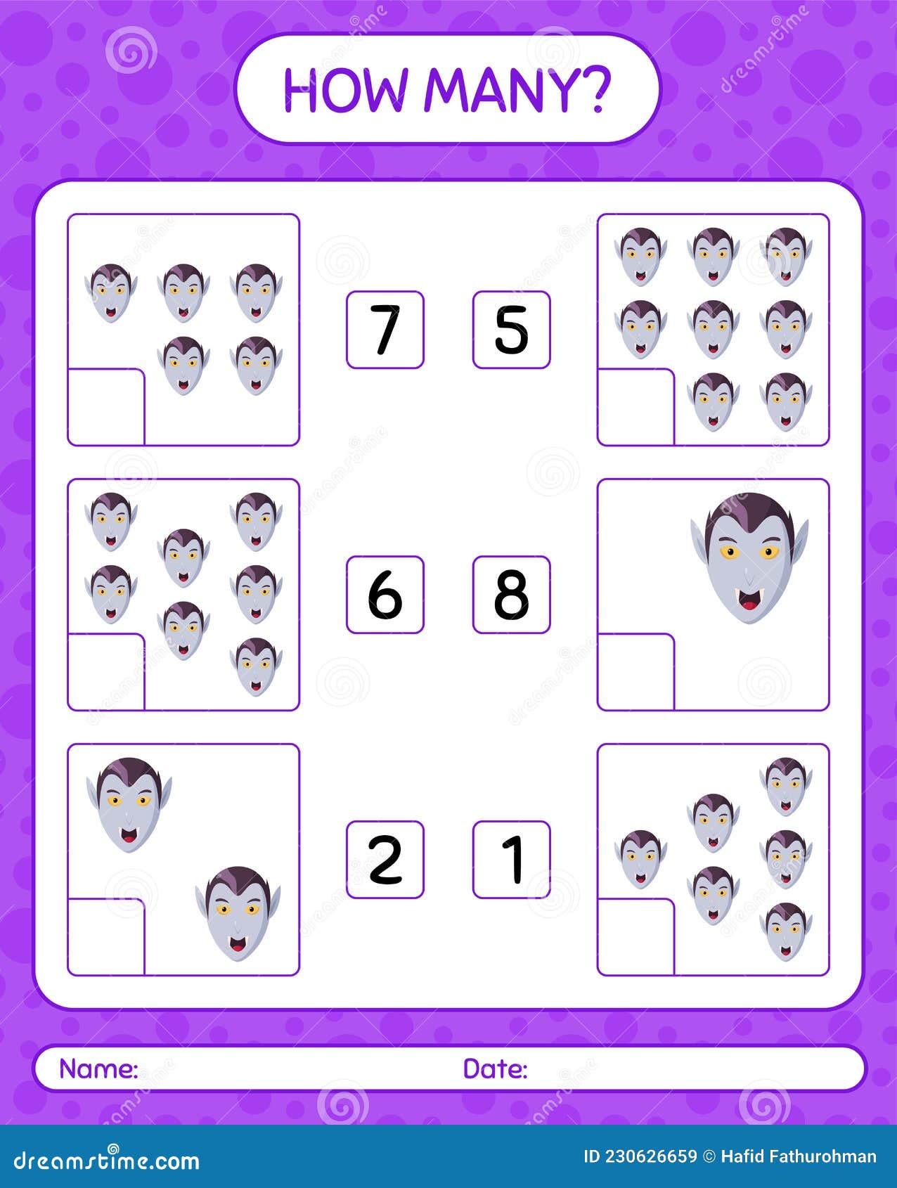 How Many Counting Game with Vampire. Worksheet for Preschool Kids, Kids ...