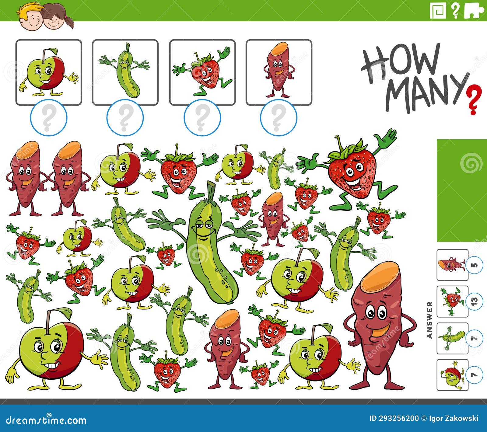 How Many Game with Cartoon Fruit and Vegetables Stock Illustration ...