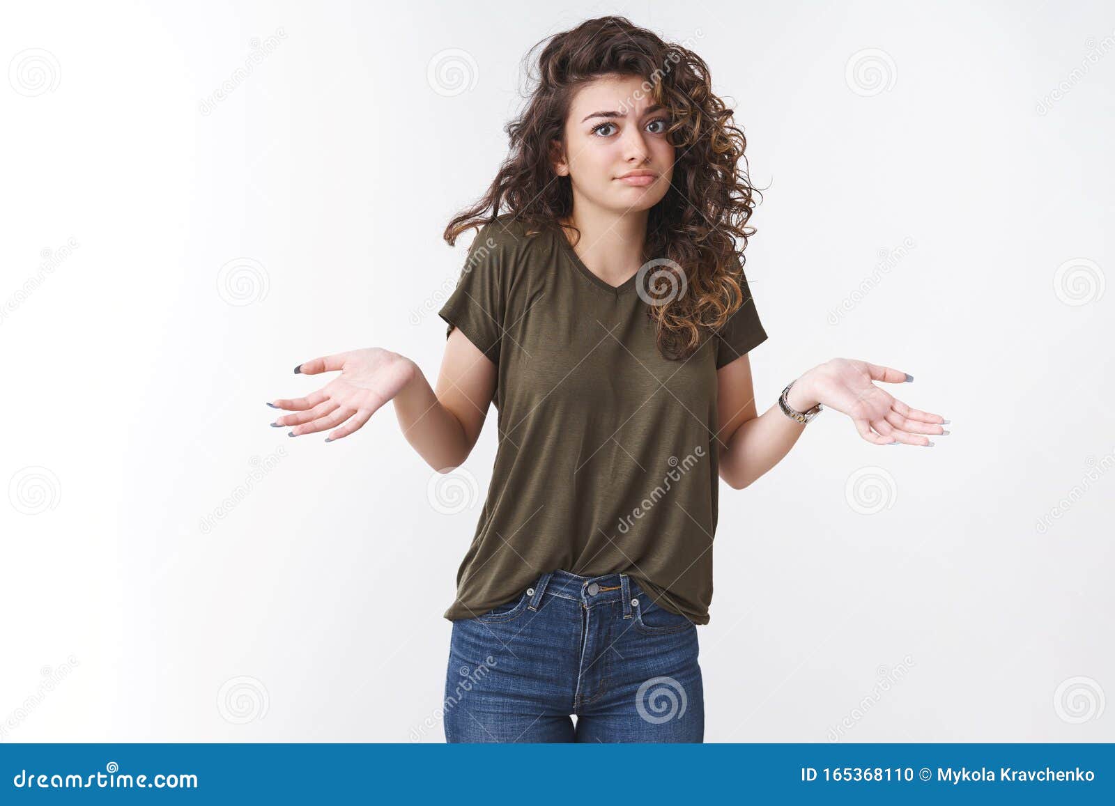 Portrait Unbothered Relaxed Chill Blond Girl Shrugging Hands Spread