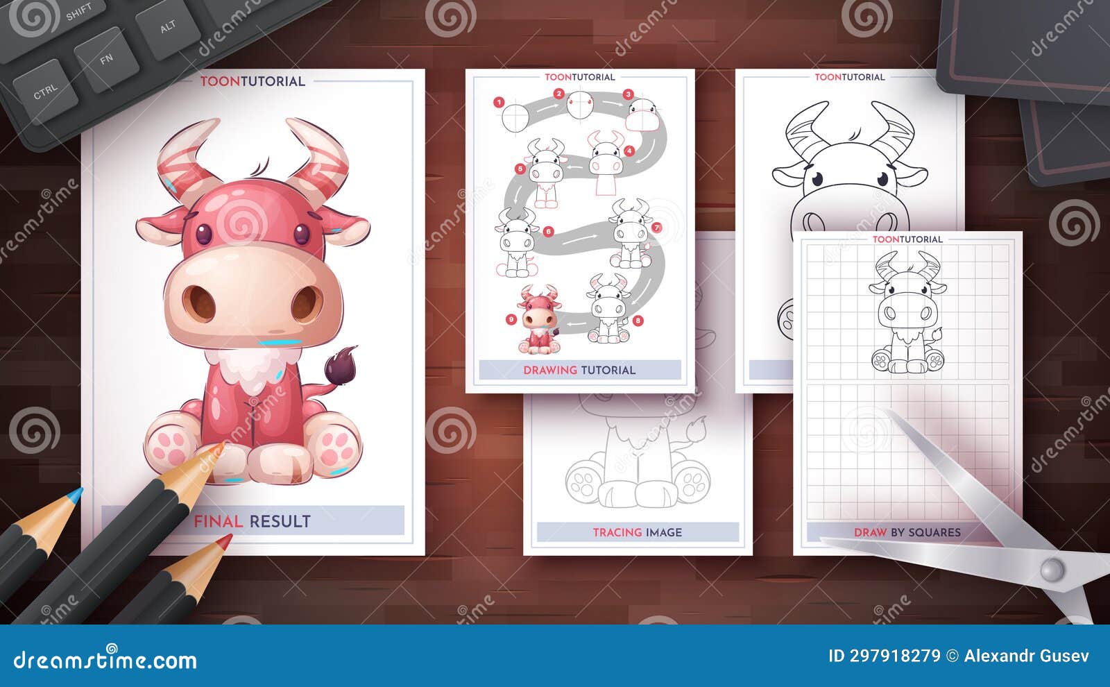 How To Draw A Bull. Step By Step Drawing Tutorial. Draw Guide. Simple ...