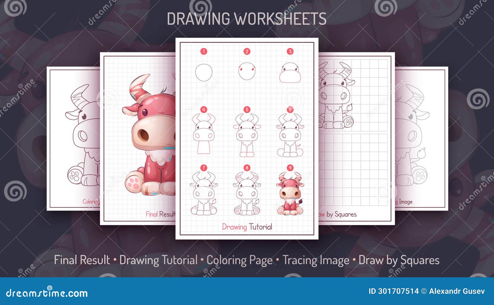 How To Draw A Bull. Step By Step Drawing Tutorial. Draw Guide. Simple ...