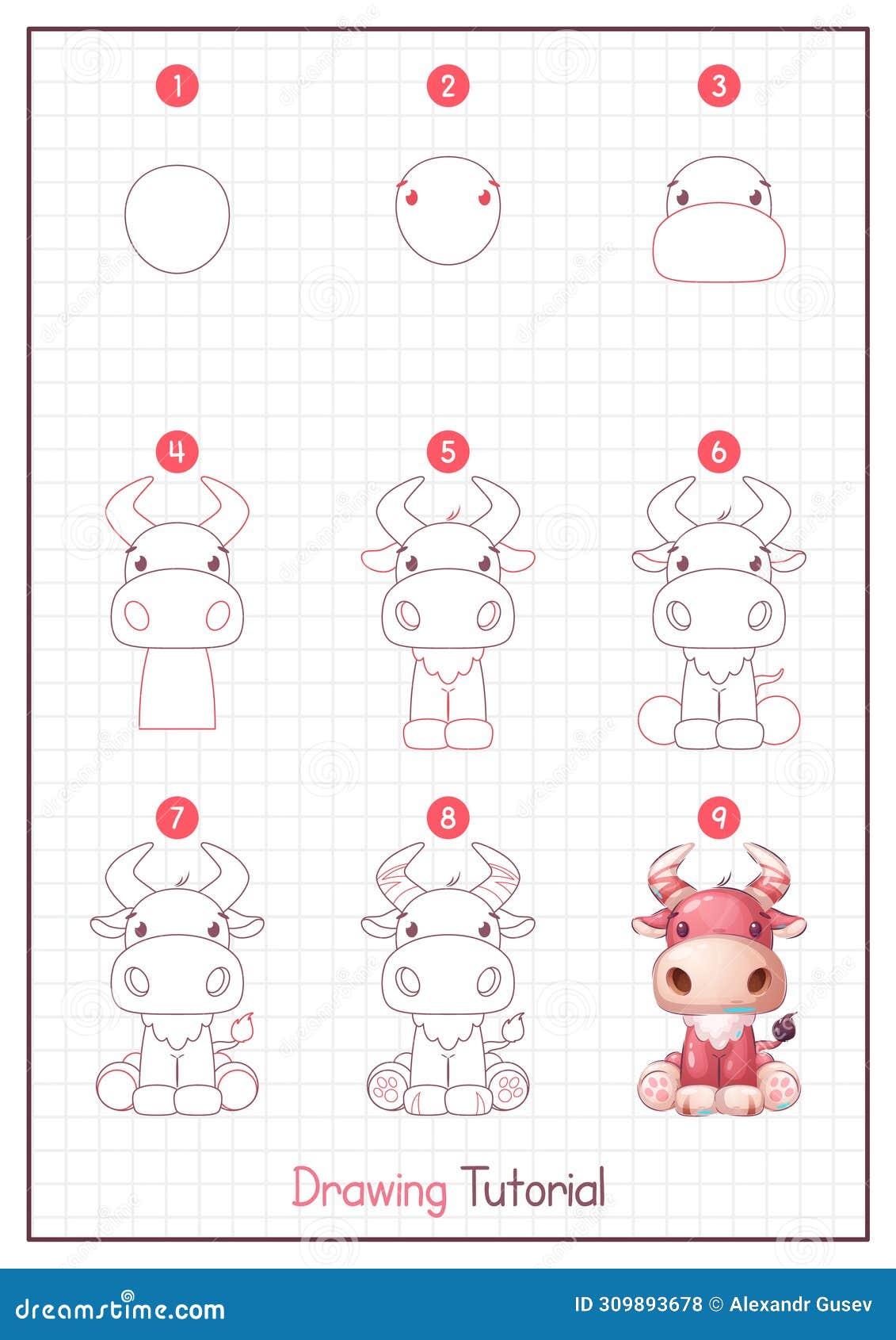 How To Draw a Bull. Step by Step Drawing Tutorial. Draw Guide Stock ...