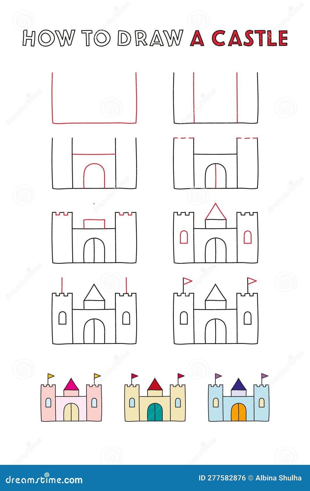 How To Draw a Castle. Step by Step Drawing Tutorial. Simple Educational ...