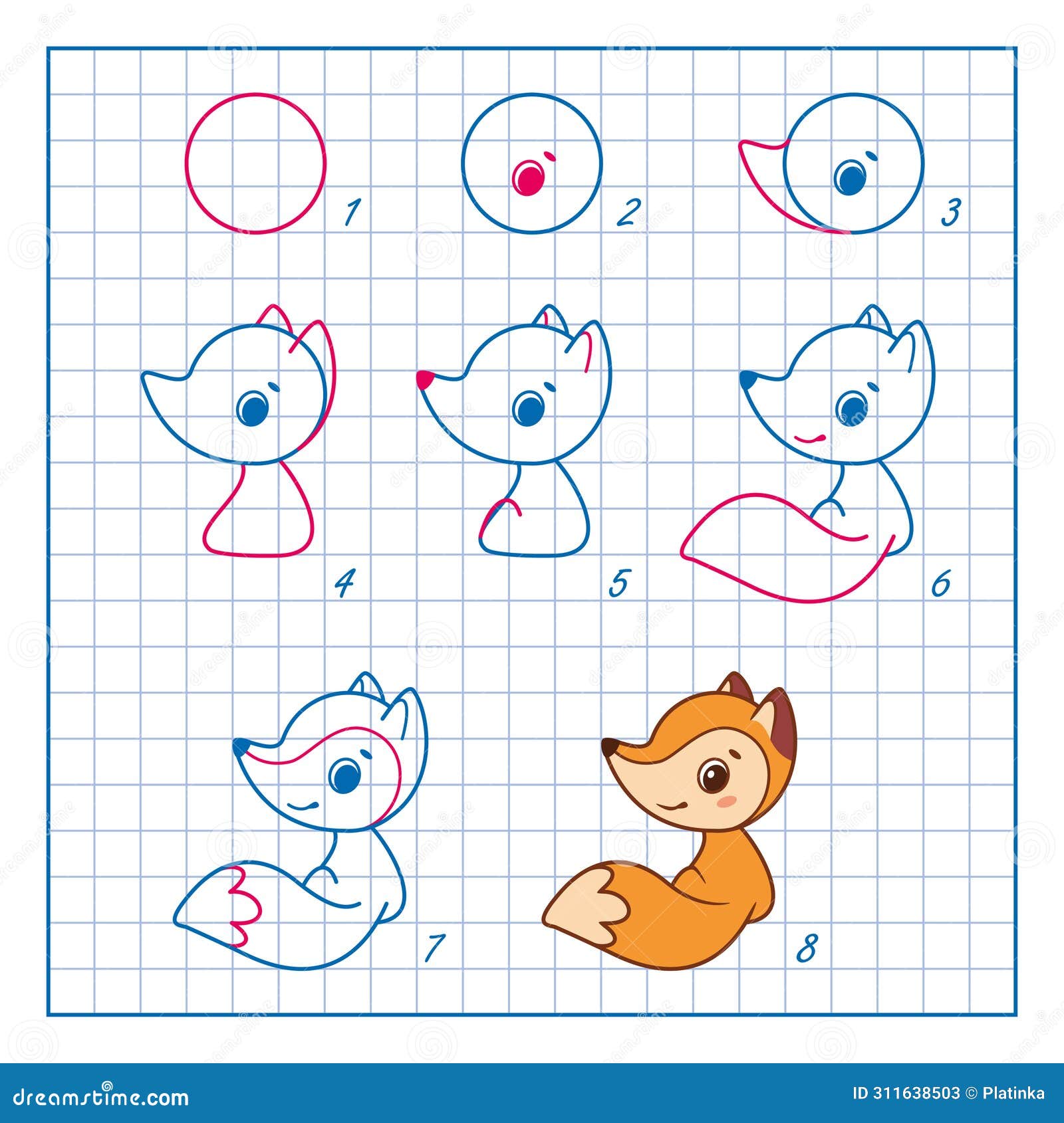 How To Draw Fox, Step by Step Lesson for Kids Cartoon Illustration ...