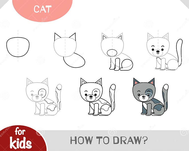 How To Draw Gray Cat for Children. Step by Step Drawing Tutorial Stock ...