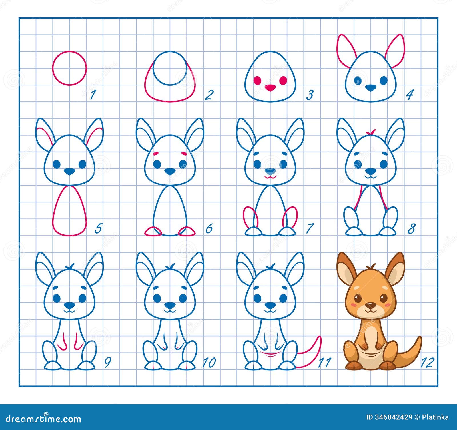 How To Draw Kangaroo, Step by Step Lesson for Kids Stock Illustration ...