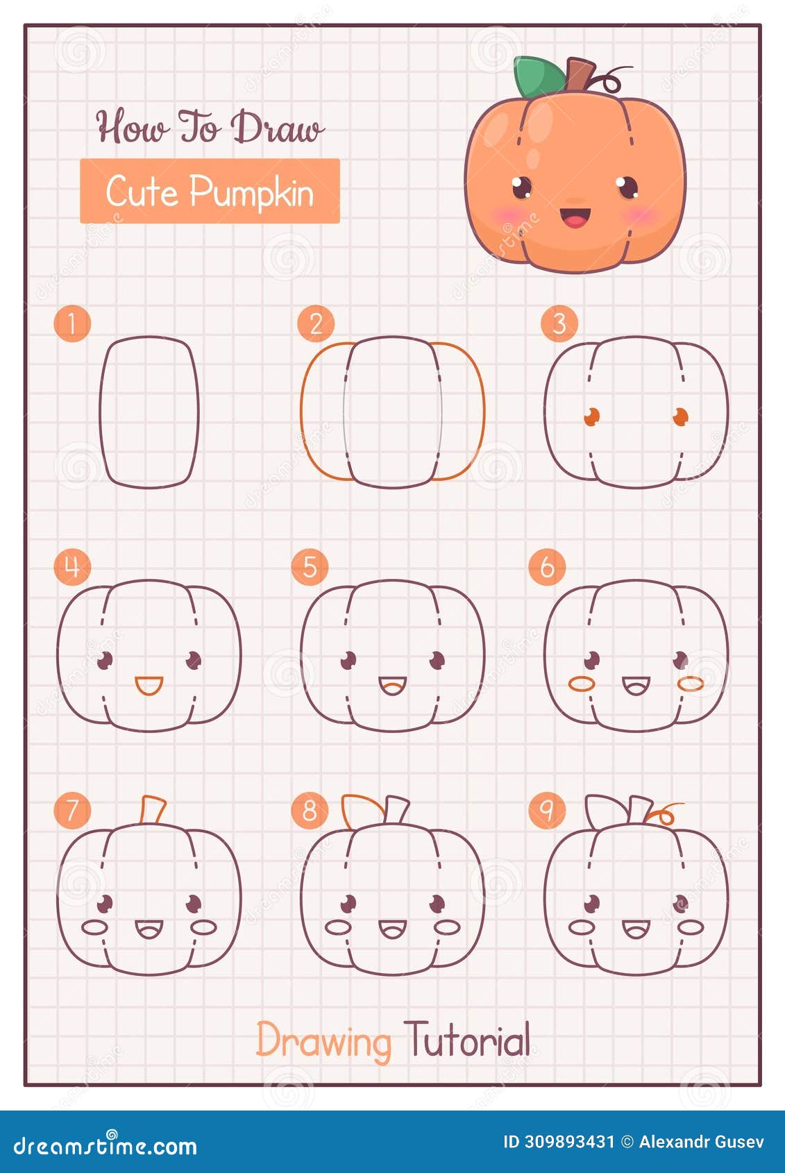 How To Draw a Pumpkin. Step by Step Drawing Tutorial. Draw Guide Stock ...