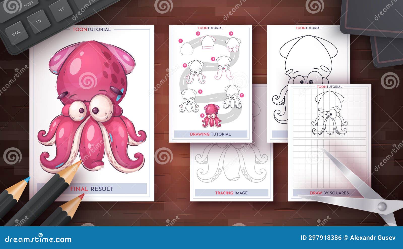 How To Draw A Squid. Step By Step Drawing Tutorial. Draw Guide. Simple ...
