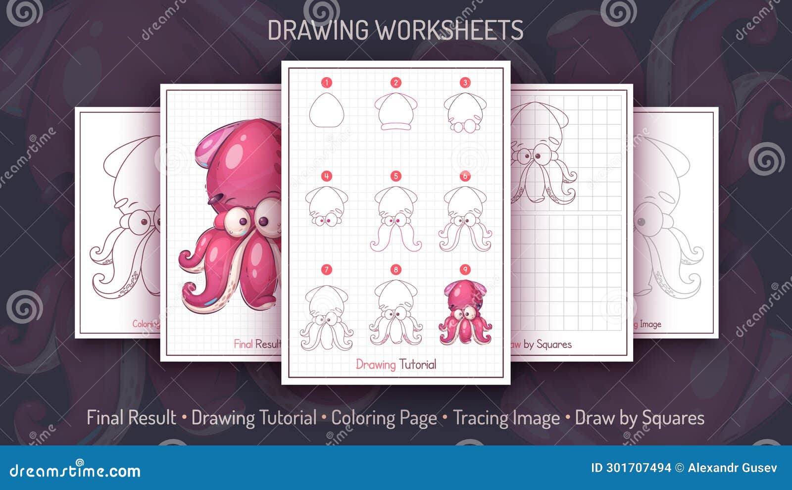 How To Draw A Squid. Step By Step Drawing Tutorial. Draw Guide. Simple ...