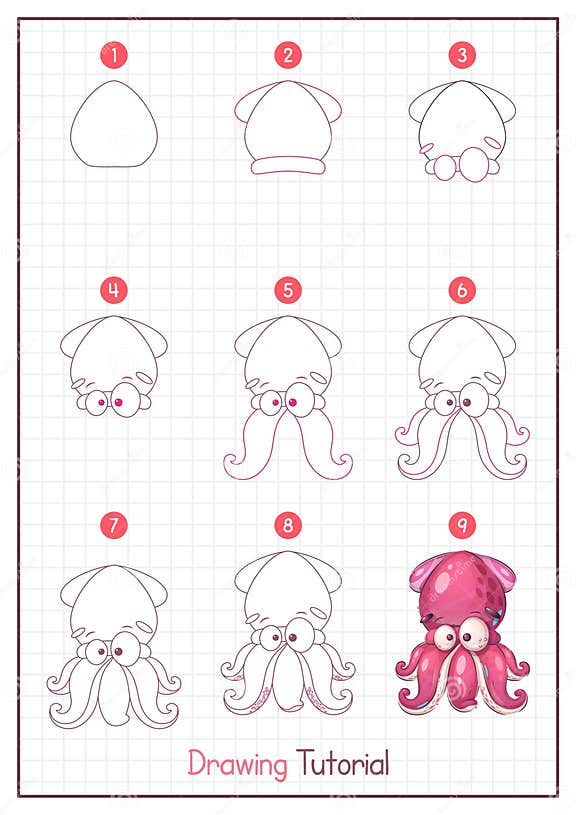 How To Draw a Squid. Step by Step Drawing Tutorial. Draw Guide Stock Vector - Illustration of ...