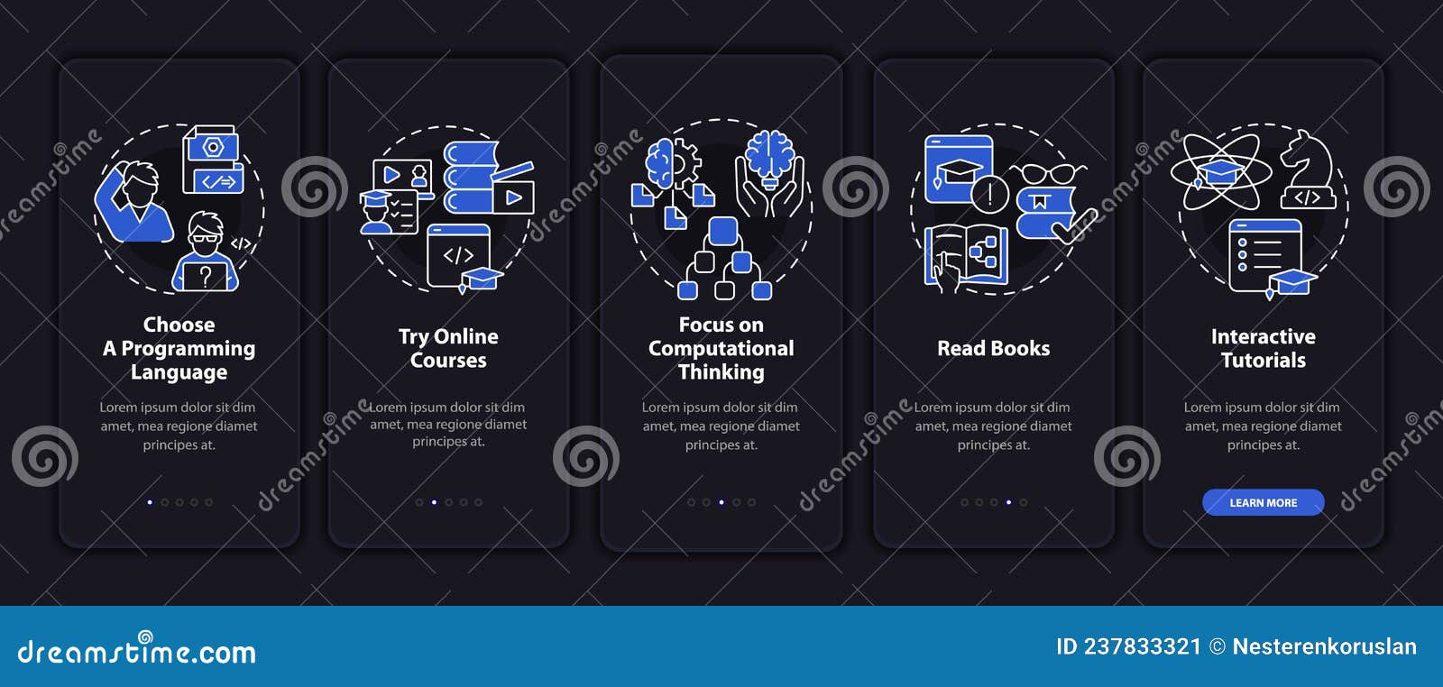 How To Learn To Code Night Mode Onboarding Mobile App Screen Stock