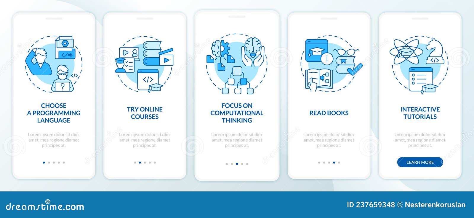 How To Learn To Code Blue Onboarding Mobile App Screen Stock ...