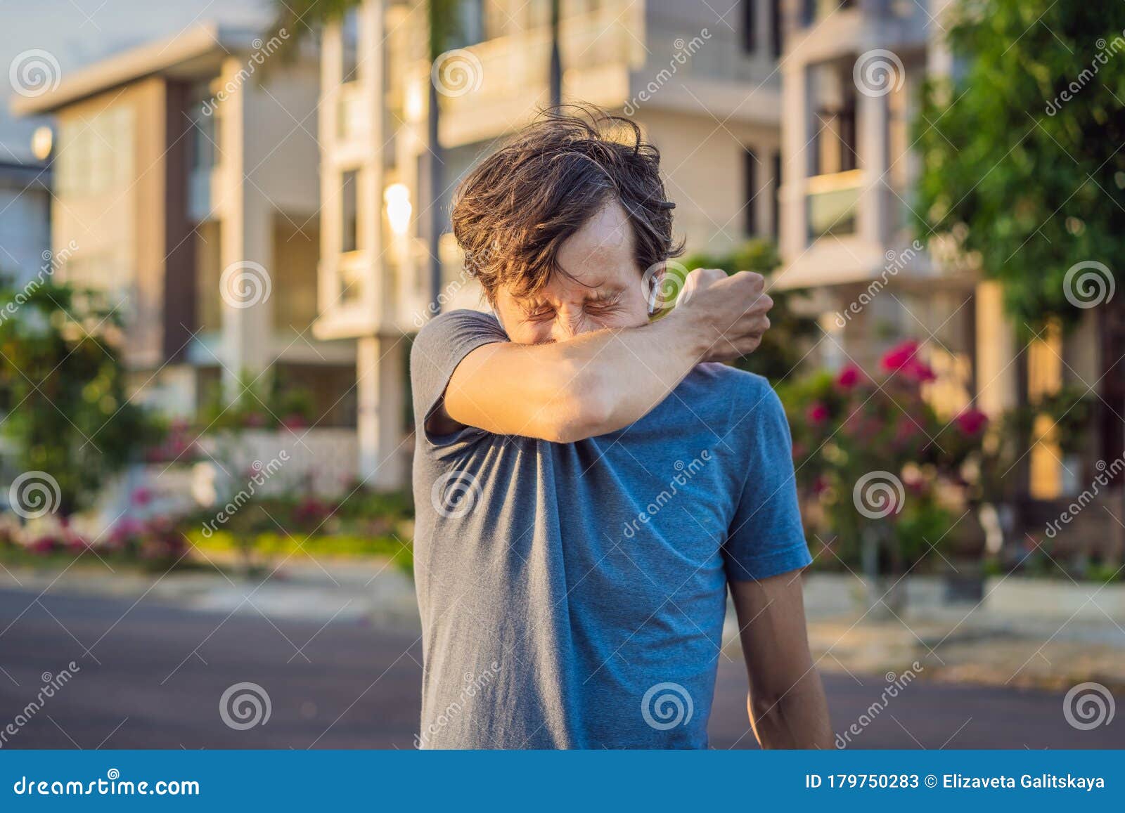 How To Sneeze Correctly. Man Sneezes on the Elbow Stock Image - Image ...
