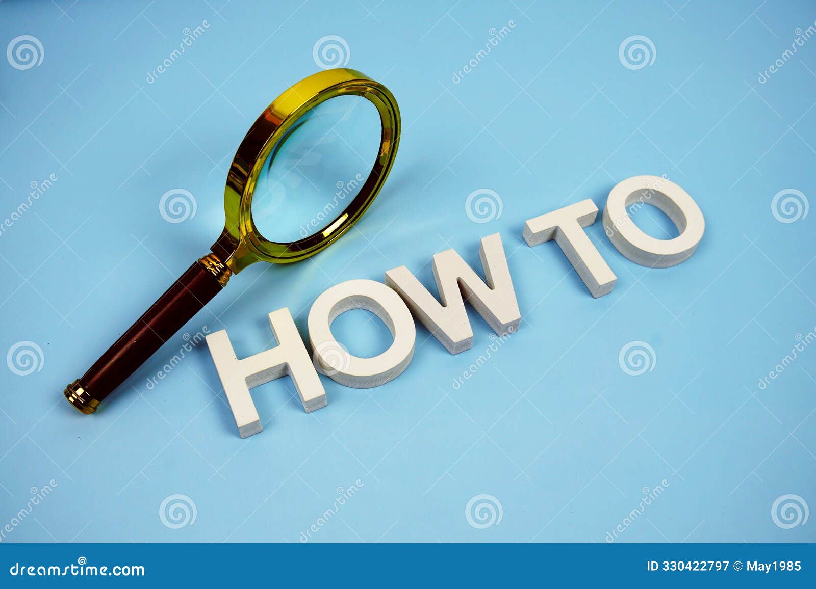 How To Word with Magnifying Glass Top View on Blue Background Stock ...
