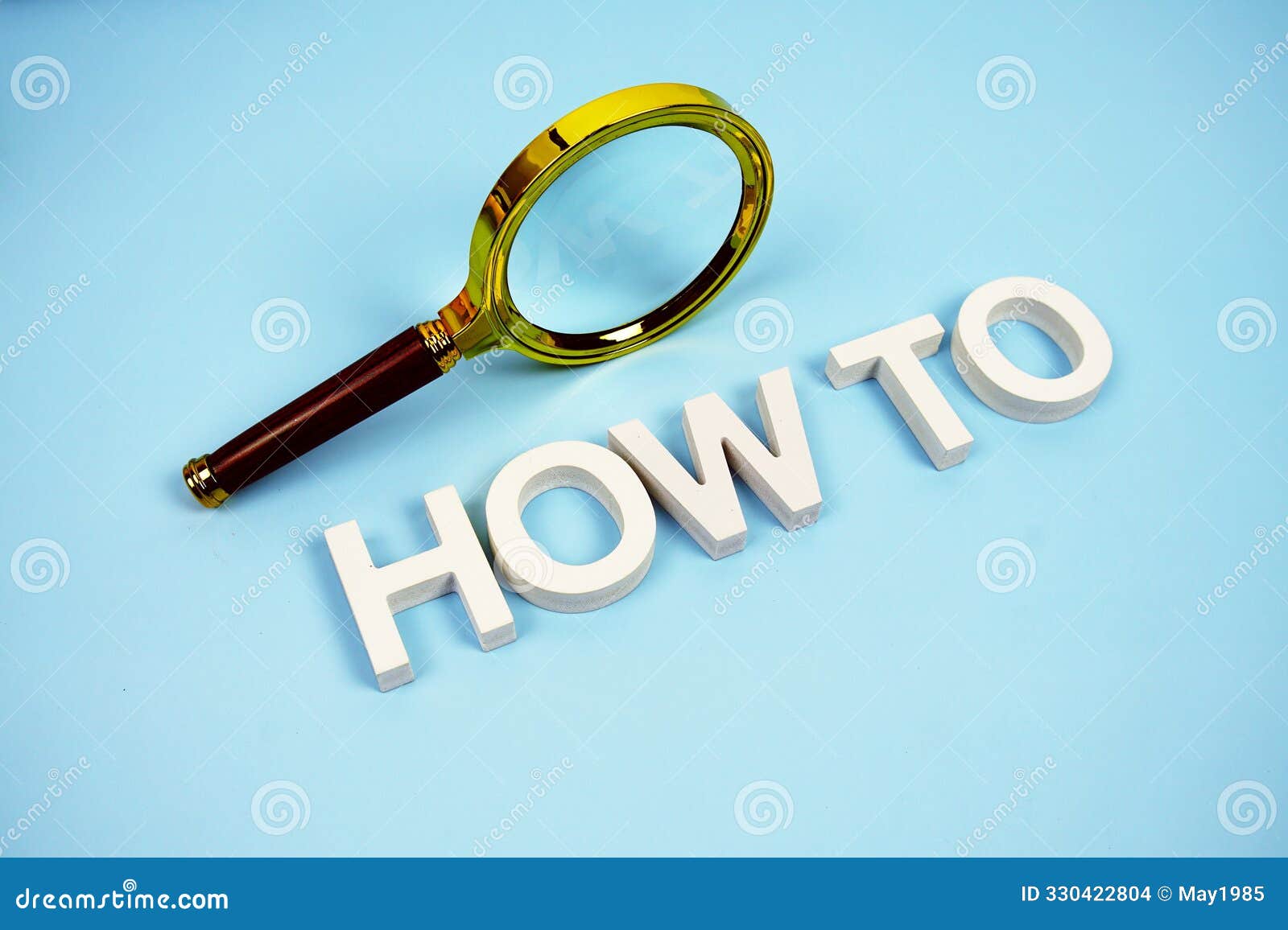 How To Word with Magnifying Glass Top View on Blue Background Stock ...