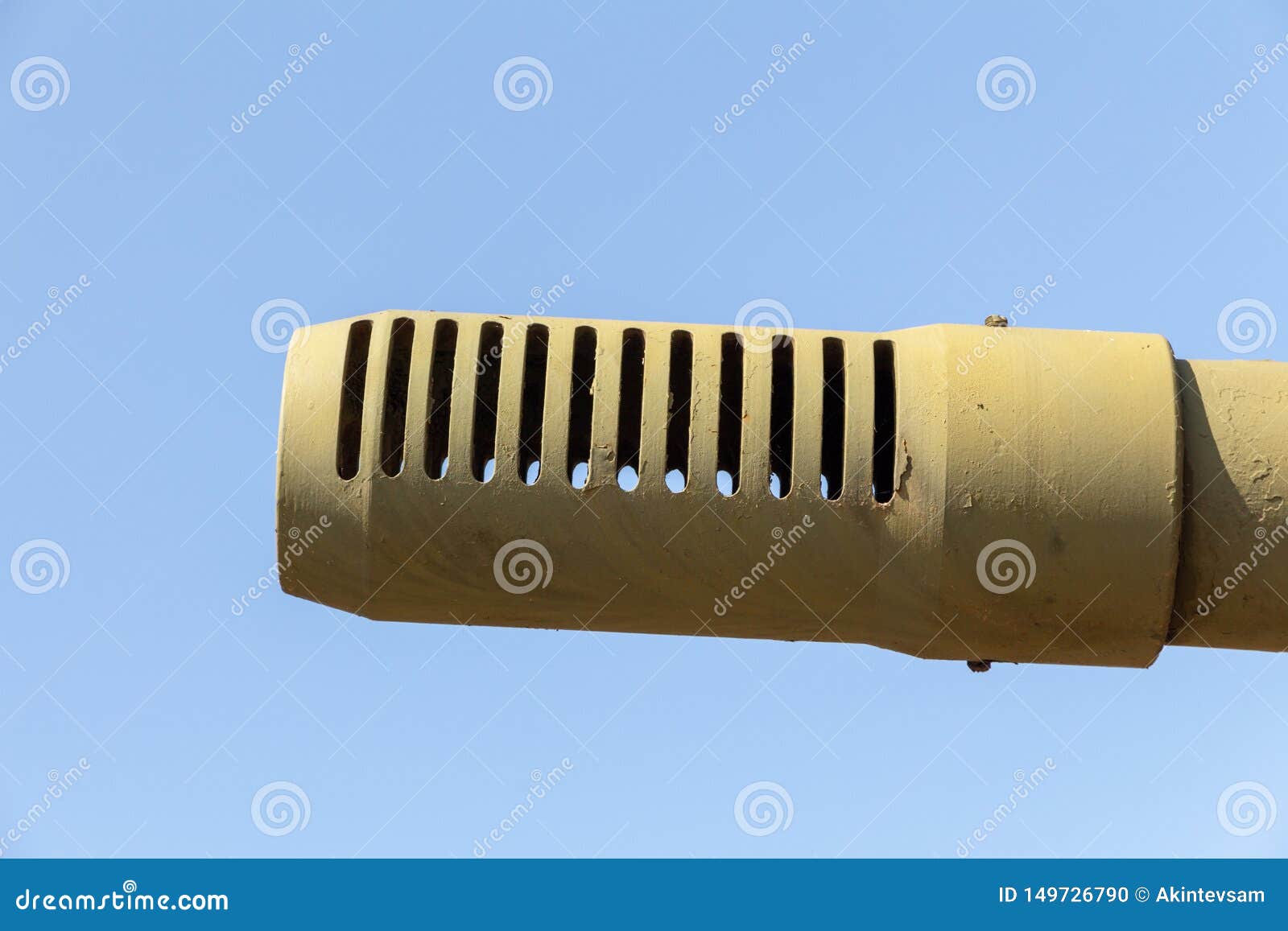 Howitzer Gun. Muzzle Brake Heavy Cannon Against a Blue Sky Stock Photo ...