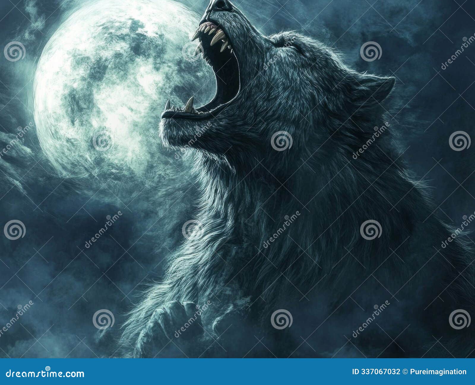 A Howling Werewolf Against a Backdrop of a Full Moon and Misty Clouds ...
