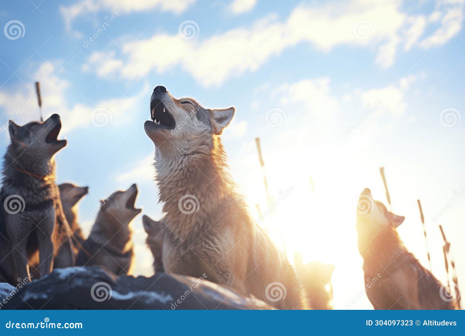 Howling Wolf Pack Highlighted by Rising Sun Stock Image - Image of howling, generated: 304097323