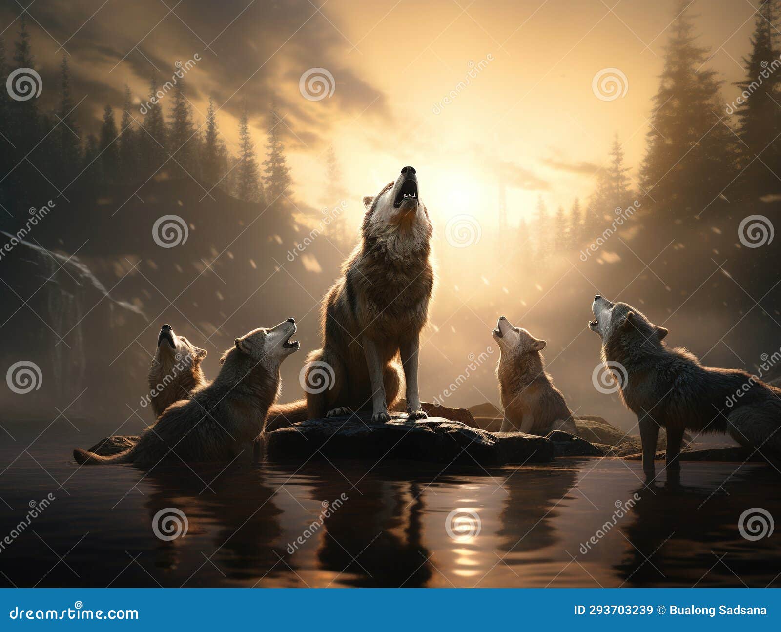Ai Generated Illustration Wildlife Concept of Howling Wolf with Pack Stock Illustration ...